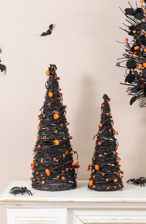 GLITZHOME Set Of 2 Halloween Eucalyptus With Bats Pumpkin Cone Table Trees
