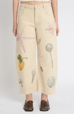 MUSE ASSEMBLY Printed High Waist Barrel Leg Jeans - Ecru Multi