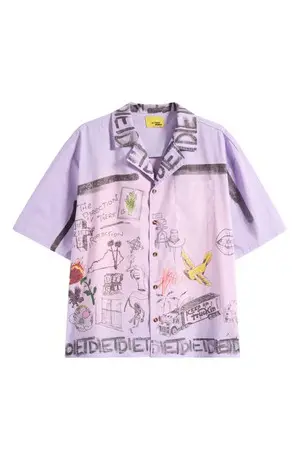 DIET STARTS MONDAY Doodle Graphic Cotton Button-up Shirt - Purple