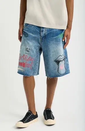 DIET STARTS MONDAY Doodle Distressed Raw Hem Denim Shorts - Indigo