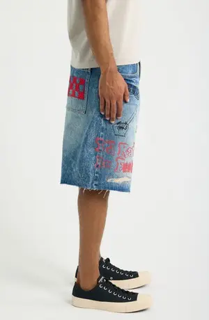 DIET STARTS MONDAY Doodle Distressed Raw Hem Denim Shorts