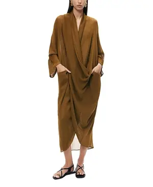 NOCTURNE Draped V-neck Midi Dress - Camel