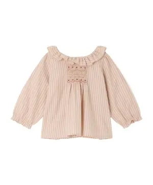 Bonpoint Mulietti Baby Striped Blouse With Smocked And Hand-embroidered In Organic Cotton - Off-white Stripe