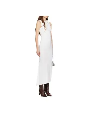 Coperni Sleeveless Midi Dress With Floral Appliqués And Asymmetrical Hem - White