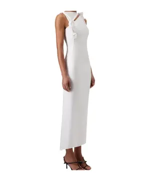Coperni Sleeveless Midi Dress With Floral Appliqués And Asymmetrical Hem - White