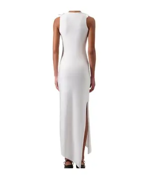 Coperni Sleeveless Midi Dress With Floral Appliqués And Asymmetrical Hem - White