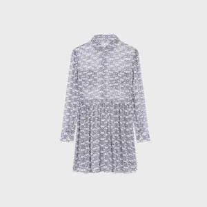 Celine Mini Shirt Dress In Silk Crepon - Cream/indigo