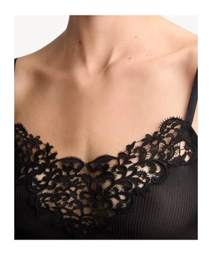 Saint Laurent Guipure Ribbed Silk Tank Top - Black