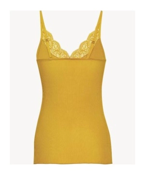 Saint Laurent Ribbed Silk Lace Trimmed V-neck Tank Top - Yellow