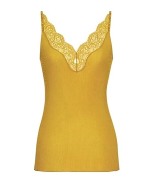 Saint Laurent Ribbed Silk Lace Trimmed V-neck Tank Top - Yellow