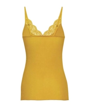 Saint Laurent Ribbed Silk Lace Trimmed V-neck Tank Top - Yellow