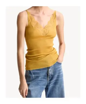 Saint Laurent Ribbed Silk Lace Trimmed V-neck Tank Top - Yellow