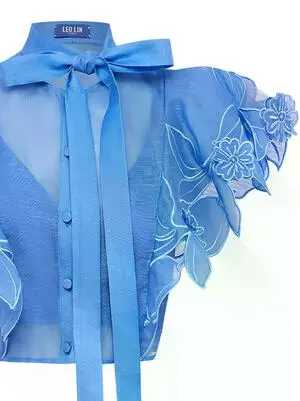 LEO LIN Jasmine Appliqué Flutter-sleeve Top - Blue