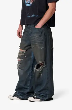 Mnml Oil Stain Rave Ripped Relaxed Wide Leg Jeans