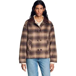 Sandro Check Coat With Leather Collar
