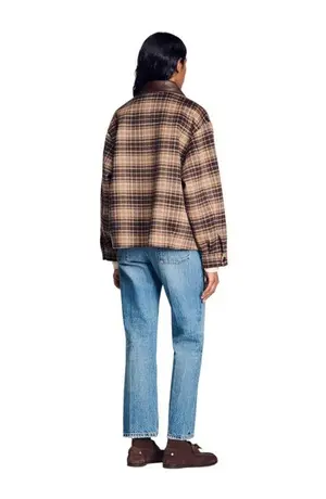 Sandro Check Coat With Leather Collar