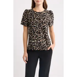 Anne Klein Leopard Print Puff Shoulder Top - Vicuna Multi
