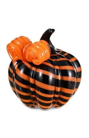GLITZHOME Halloween Striped Glass Pumpkin With Bow - Black