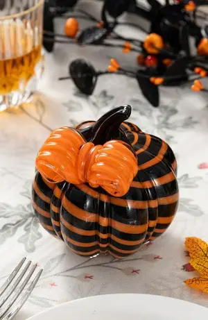 GLITZHOME Halloween Striped Glass Pumpkin With Bow - Black