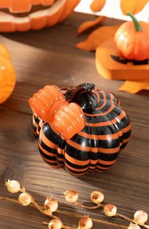 GLITZHOME Halloween Striped Glass Pumpkin With Bow - Black