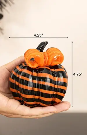 GLITZHOME Halloween Striped Glass Pumpkin With Bow - Black