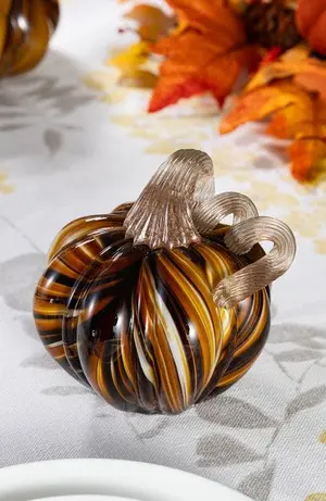 GLITZHOME Fall Multi Striped Glass Short Pumpkins - Brown