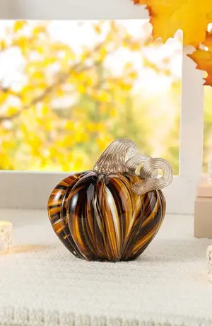 GLITZHOME Fall Multi Striped Glass Short Pumpkins - Brown