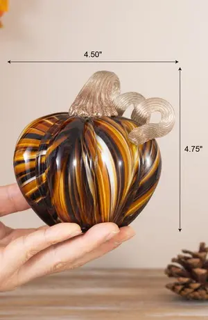 GLITZHOME Fall Multi Striped Glass Short Pumpkins - Brown