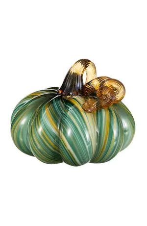GLITZHOME Fall Multi Striped Glass Short Pumpkins - Green