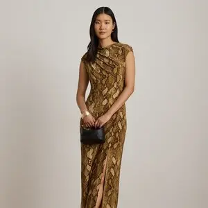 Ralph Lauren Python-print Jersey Cap-sleeve Dress - Tan Multi