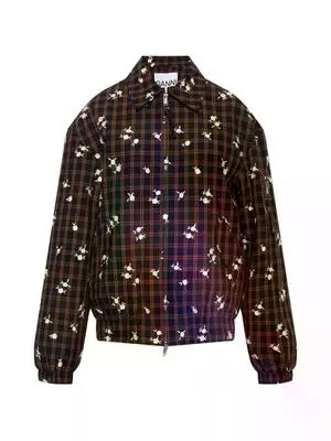 GANNI Check Floral-embroidered Zip-up Jacket