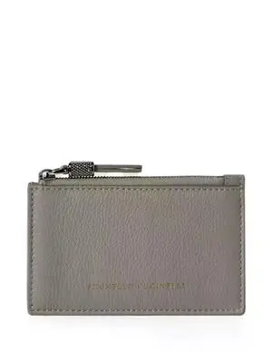 Brunello Cucinelli Grained Calfskin Card Case With Shiny Zipper Pull - Grey
