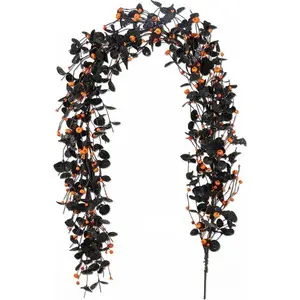 GLITZHOME 72"l Halloween Eucalyptus Pumpkin Bat Garland - Black