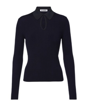 JIL SANDER Cutout Ribbed-knit Wool Polo Sweater - Blue