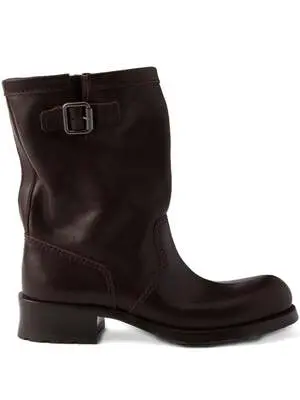 Prada Leather Buckled Boots - Brown