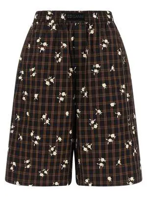 GANNI Check Flower Wide Leg Bermuda Shorts - Brown