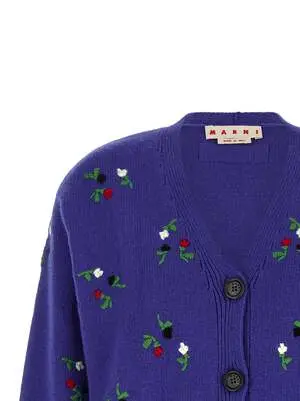 Marni Embroidered Floral Virgin Wool & Cashmere Blend V-neck Cardigan