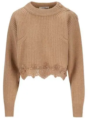 Chloé Cropped Wool & Cashmere Blend High Neck Pullover With Lace Trim - Multicolor