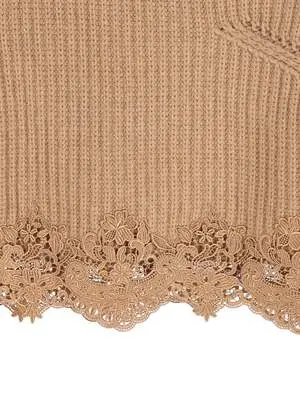 Chloé Cropped Wool & Cashmere Blend High Neck Pullover With Lace Trim - Multicolor