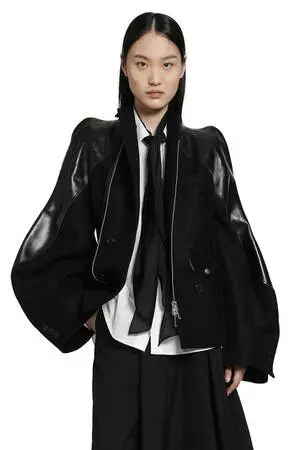 Sacai Leather X Wool Melton Zip-up Jacket - Black