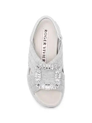 ROGER VIVIER Grey Jersey Quilted Crystal Buckle Platform Sandals - Multicolor