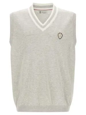 Brunello Cucinelli Brunello Cucinelli V-Neck Heraldic Logo Vest Gray