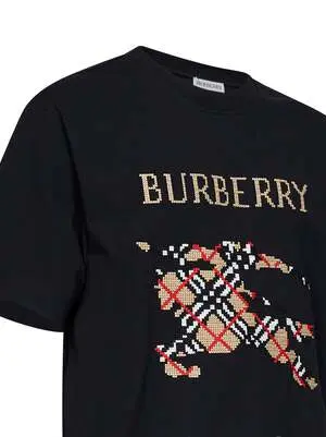 Burberry Black Cotton T-shirt With Cross-stitch Knight