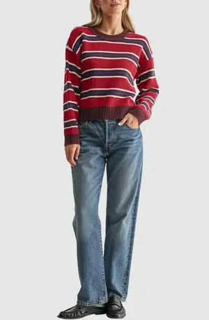 ALL IN FAVOR Striped Crewneck Sweater - Raspberry Multi Stripe