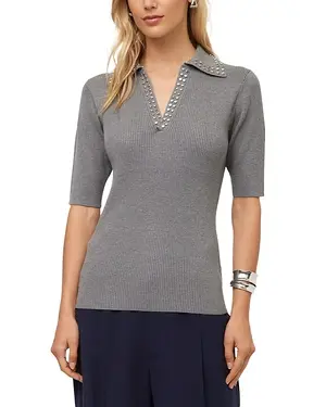 Fifteen Twenty Eleanor Embellished Polo Sweater - Gray