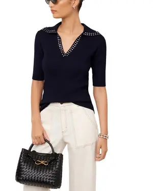 Fifteen Twenty Eleanor Embellished Polo Sweater - Navy