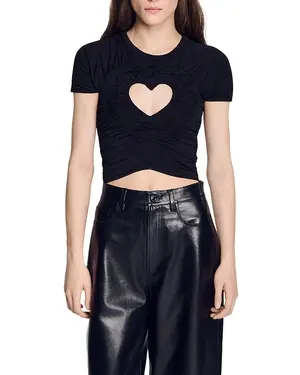Sandro Ruched Heart Cropped T Shirt - Black