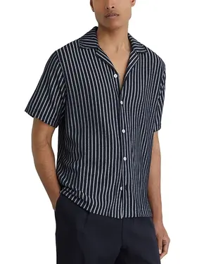 REISS Griff Textured Stripe Short Sleeve Shirt - Navy White