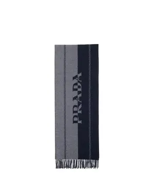 Prada Small Wool Scarf With Jacquard Logo - Grey/blue