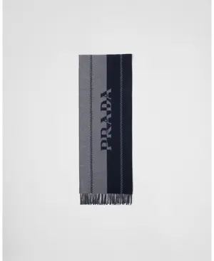 Prada Small Wool Scarf With Jacquard Logo - Grey/blue
